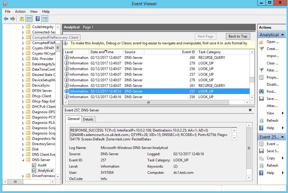 Enabling Active Directory DNS query logging Enabling Active Directory DNS query logging